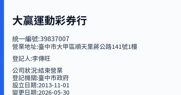大贏運動彩券行的照片-統編 39837007(臺中市) 公司登記資料與營業項目詳細圖表