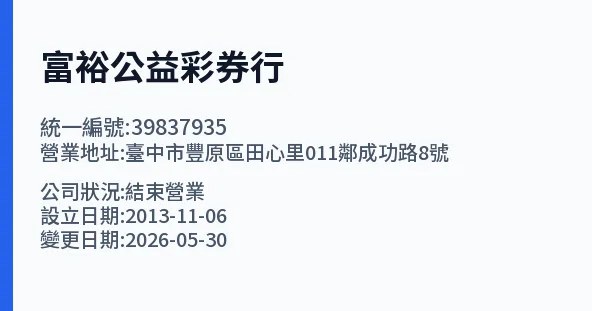 富裕公益彩券行的照片-統編 39837935(臺中市) 公司登記資料與營業項目詳細圖表