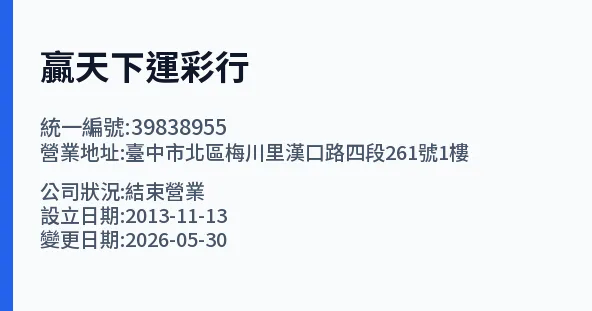 贏天下運彩行的照片-統編 39838955(臺中市) 公司登記資料與營業項目詳細圖表