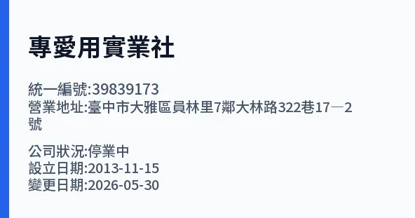 專愛用實業社的照片-統編 39839173(臺中市) 公司登記資料與營業項目詳細圖表