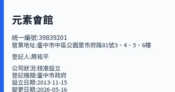 元素會館的照片-統編 39839201(臺中市) 公司登記資料與營業項目詳細圖表