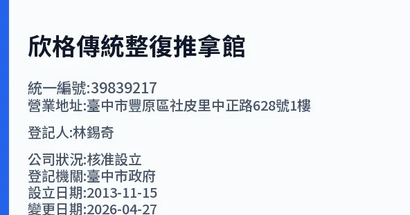欣格傳統整復推拿館的照片-統編 39839217(臺中市) 公司登記資料與營業項目詳細圖表