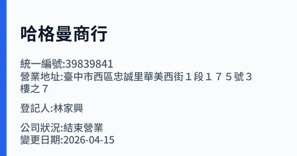 哈格曼商行的照片-統編 39839841(臺中市) 公司登記資料與營業項目詳細圖表