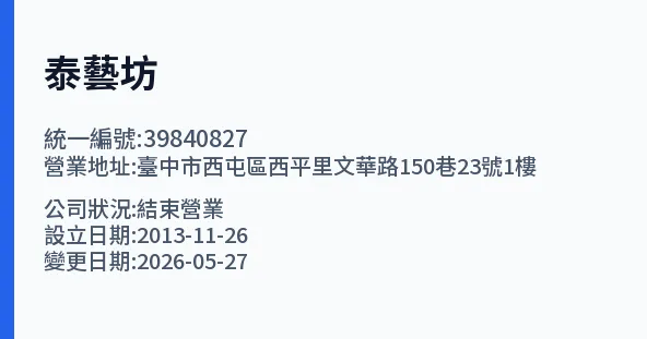 泰藝坊的照片-統編 39840827(臺中市) 公司登記資料與營業項目詳細圖表