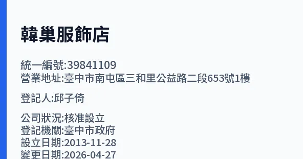 韓巢服飾店的照片-統編 39841109(臺中市) 公司登記資料與營業項目詳細圖表