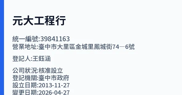 元大工程行的照片-統編 39841163(臺中市) 公司登記資料與營業項目詳細圖表