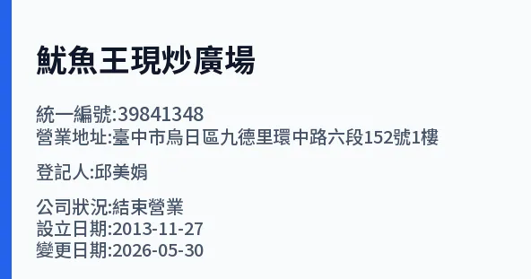 魷魚王現炒廣場的照片-統編 39841348(臺中市) 公司登記資料與營業項目詳細圖表
