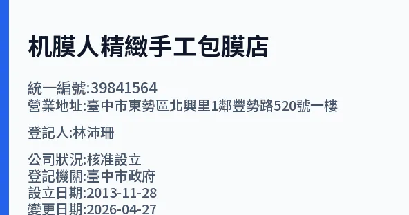 机膜人精緻手工包膜店的照片-統編 39841564(臺中市) 公司登記資料與營業項目詳細圖表
