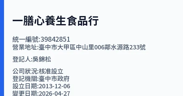 一膳心養生食品行的照片-統編 39842851(臺中市) 公司登記資料與營業項目詳細圖表