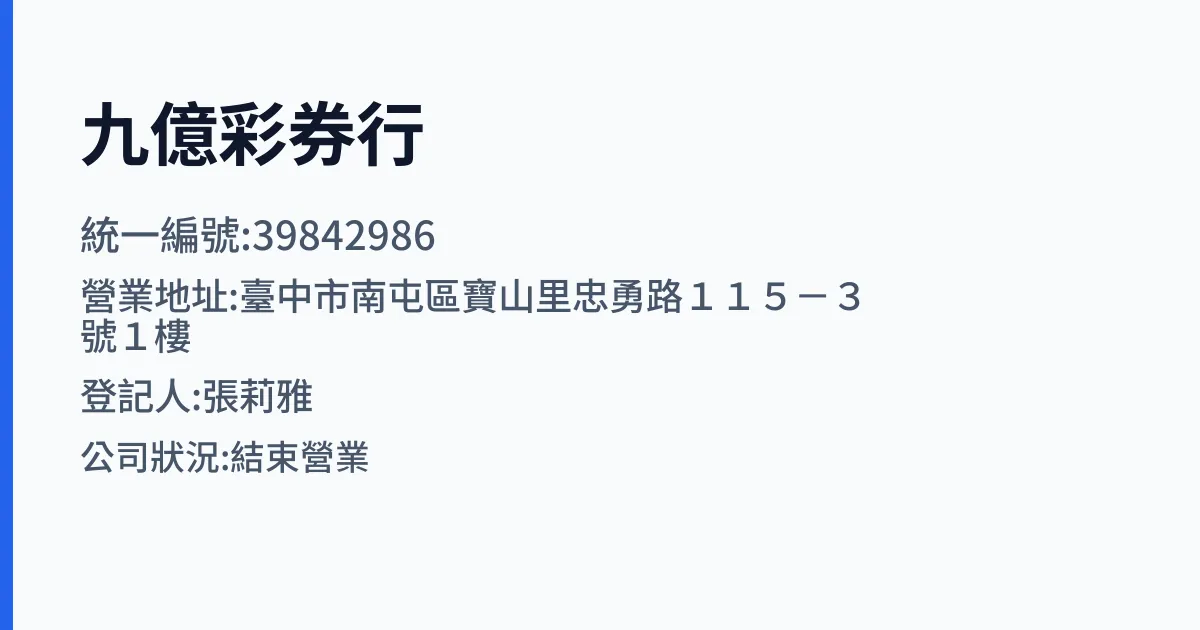 九億彩券行 - 統編 39842986(臺中市) 公司登記資料與營業項目詳細圖表