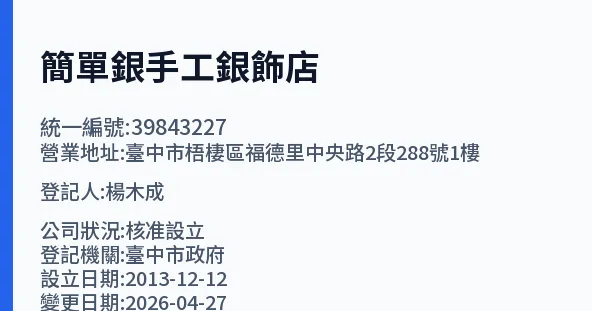 簡單銀手工銀飾店的照片-統編 39843227(臺中市) 公司登記資料與營業項目詳細圖表