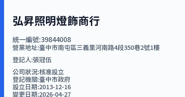 弘昇照明燈飾商行的照片-統編 39844008(臺中市) 公司登記資料與營業項目詳細圖表