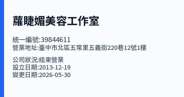 蘿睫媚美容工作室的照片-統編 39844611(臺中市) 公司登記資料與營業項目詳細圖表