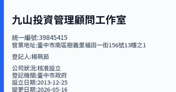 九山投資管理顧問工作室的照片-統編 39845415(臺中市) 公司登記資料與營業項目詳細圖表