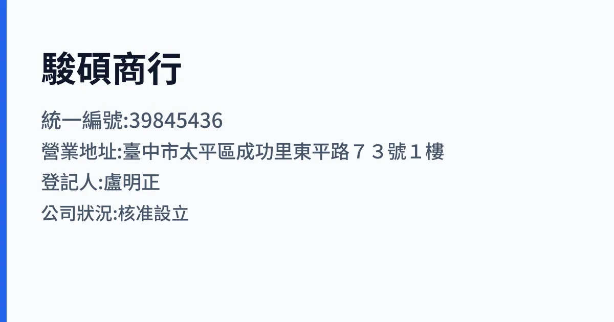 駿碩商行 - 統編 39845436(臺中市) 公司登記資料與營業項目詳細圖表