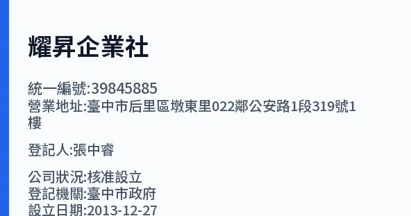 耀昇企業社的照片-統編 39845885(臺中市) 公司登記資料與營業項目詳細圖表