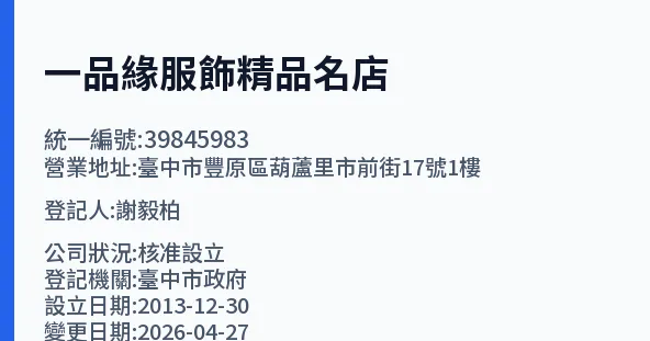 一品緣服飾精品名店的照片-統編 39845983(臺中市) 公司登記資料與營業項目詳細圖表