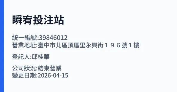 瞬宥投注站的照片-統編 39846012(臺中市) 公司登記資料與營業項目詳細圖表