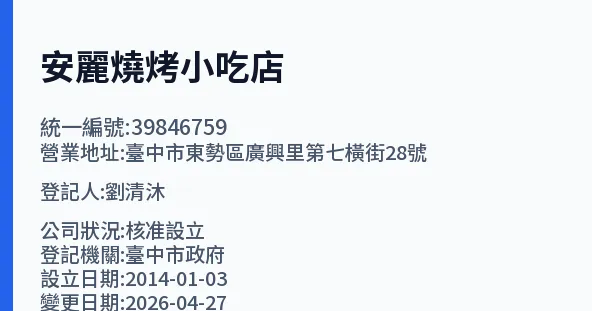 安麗燒烤小吃店的照片-統編 39846759(臺中市) 公司登記資料與營業項目詳細圖表