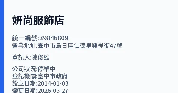 妍尚服飾店的照片-統編 39846809(臺中市) 公司登記資料與營業項目詳細圖表