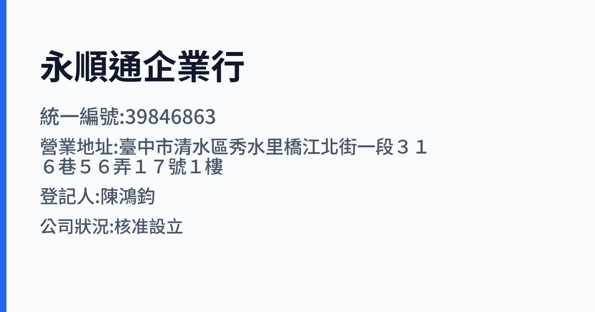 永順通企業行 - 統編 39846863(臺中市) 公司登記資料與營業項目詳細圖表