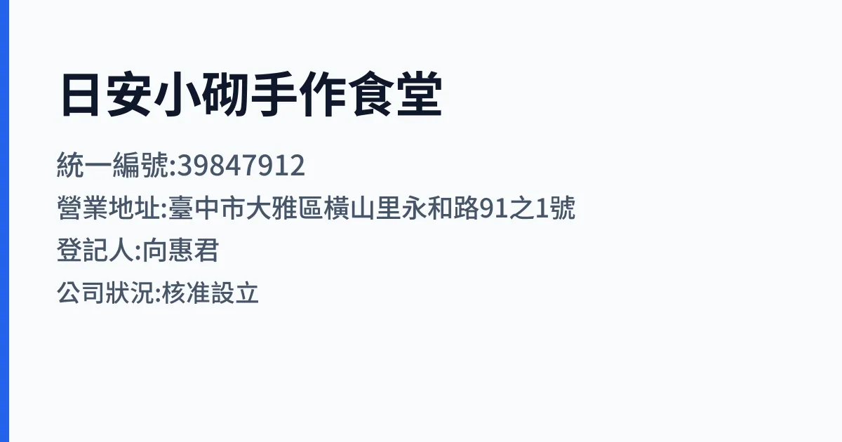 日安小砌手作食堂 - 統編 39847912(臺中市) 公司登記資料與營業項目詳細圖表