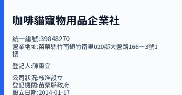 咖啡貓寵物用品企業社的照片-統編 39848270(苗栗縣) 公司登記資料與營業項目詳細圖表