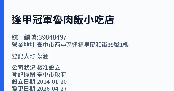 逢甲冠軍魯肉飯小吃店的照片-統編 39848497(臺中市) 公司登記資料與營業項目詳細圖表