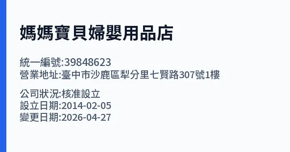 媽媽寶貝婦嬰用品店的照片-統編 39848623(臺中市) 公司登記資料與營業項目詳細圖表