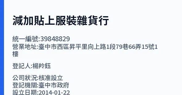 減加貼上服裝雜貨行的照片-統編 39848829(臺中市) 公司登記資料與營業項目詳細圖表