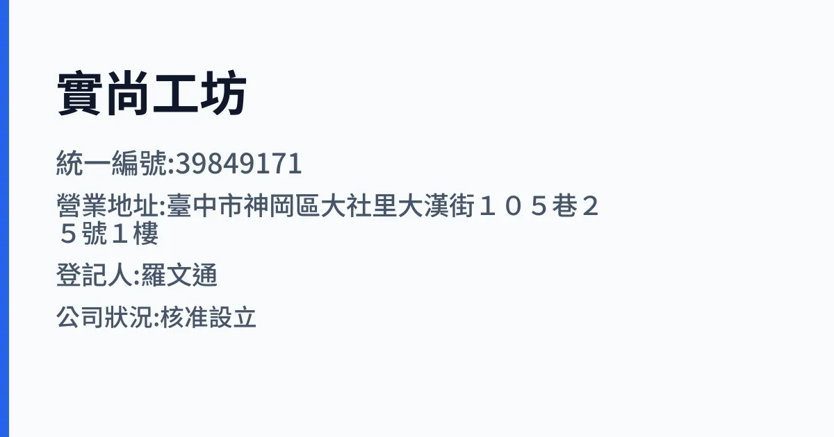 實尚工坊 - 統編 39849171(臺中市) 公司登記資料與營業項目詳細圖表