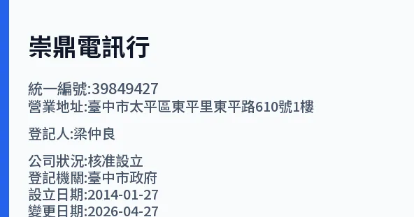 崇鼎電訊行的照片-統編 39849427(臺中市) 公司登記資料與營業項目詳細圖表