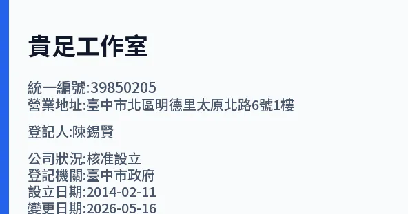 貴足工作室的照片-統編 39850205(臺中市) 公司登記資料與營業項目詳細圖表