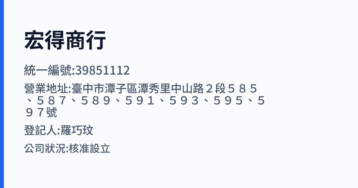 宏得商行 - 統編 39851112(臺中市) 公司登記資料與營業項目詳細圖表