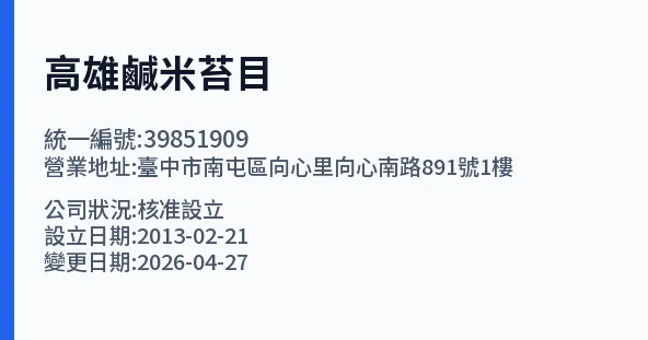 高雄鹹米苔目的照片-統編 39851909(臺中市) 公司登記資料與營業項目詳細圖表