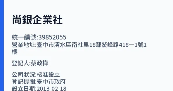 尚銀企業社的照片-統編 39852055(臺中市) 公司登記資料與營業項目詳細圖表