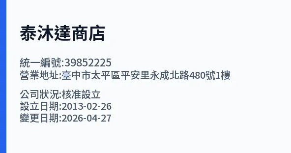 泰沐達商店的照片-統編 39852225(臺中市) 公司登記資料與營業項目詳細圖表
