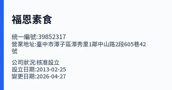 福恩素食的照片-統編 39852317(臺中市) 公司登記資料與營業項目詳細圖表