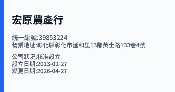 宏原農產行的照片-統編 39853224(彰化縣) 公司登記資料與營業項目詳細圖表
