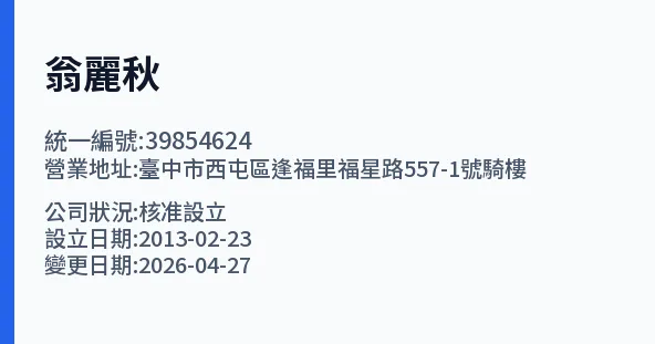 翁麗秋的照片-統編 39854624(臺中市) 公司登記資料與營業項目詳細圖表