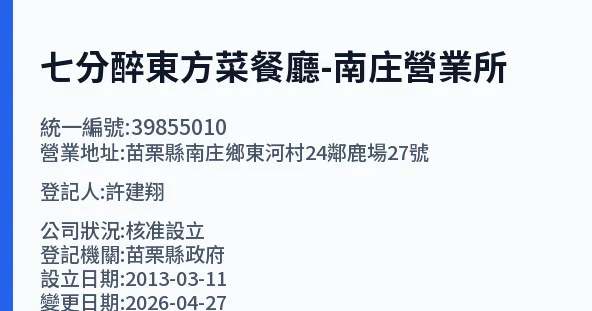 七分醉東方菜餐廳-南庄營業所的照片-統編 39855010(苗栗縣) 公司登記資料與營業項目詳細圖表