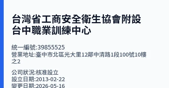 台灣省工商安全衛生協會附設台中職業訓練中心的照片-統編 39855525(臺中市) 公司登記資料與營業項目詳細圖表