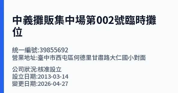 中義攤販集中場第002號臨時攤位的照片-統編 39855692(臺中市) 公司登記資料與營業項目詳細圖表