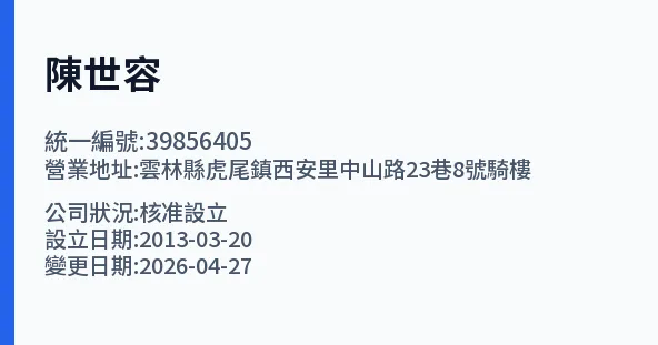 陳世容的照片-統編 39856405(雲林縣) 公司登記資料與營業項目詳細圖表