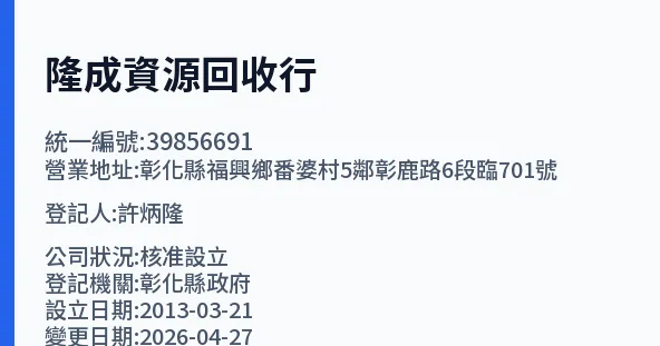 隆成資源回收行的照片-統編 39856691(彰化縣) 公司登記資料與營業項目詳細圖表