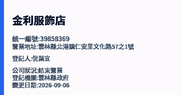 金利服飾店的照片-統編 39858369(雲林縣) 公司登記資料與營業項目詳細圖表