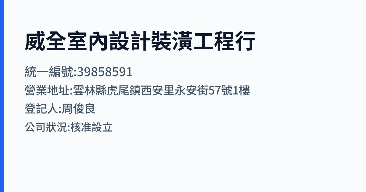 威全室內設計裝潢工程行 - 統編 39858591(雲林縣) 公司登記資料與營業項目詳細圖表