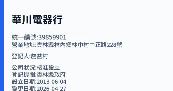 華川電器行的照片-統編 39859901(雲林縣) 公司登記資料與營業項目詳細圖表