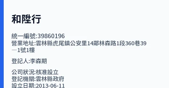 和陞行的照片-統編 39860196(雲林縣) 公司登記資料與營業項目詳細圖表