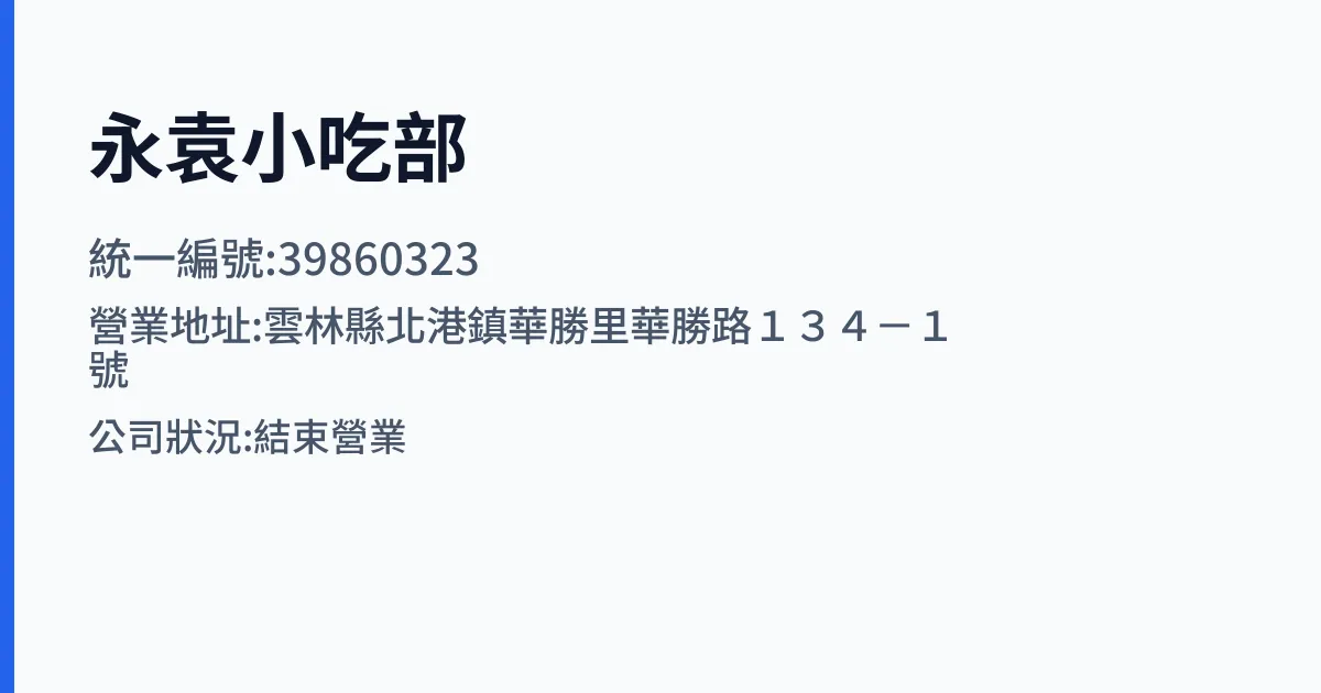 永袁小吃部 - 統編 39860323(雲林縣) 公司登記資料與營業項目詳細圖表